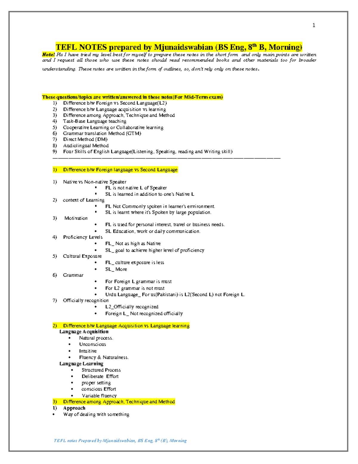 TEFL notes (mid-term) - TEFL NOTES prepared by Mjunaidswabian (BS Eng ...