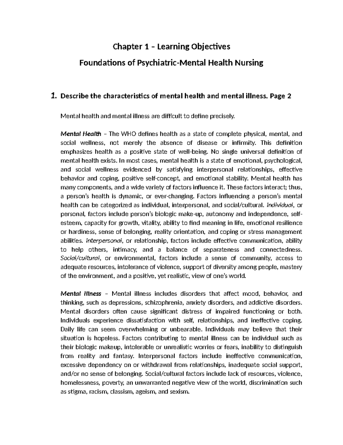 Chapter 1 - Learning Objectives - Foundations of Psychiatric-Mental ...