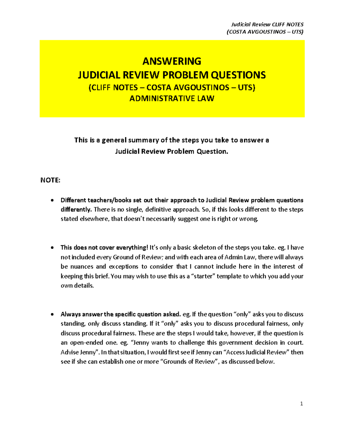 Judicial Review Cliff Notes - (COSTA AVGOUSTINOS – UTS) ANSWERING ...
