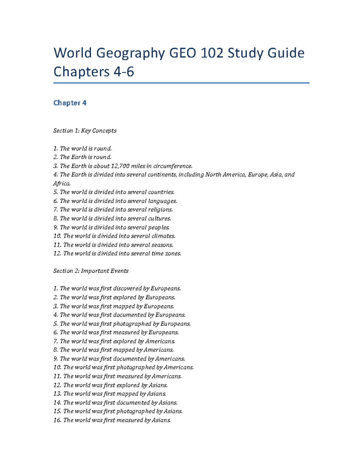 World Geography GEO 102 Study Guide Chapters 4-6 - World Geography GEO ...