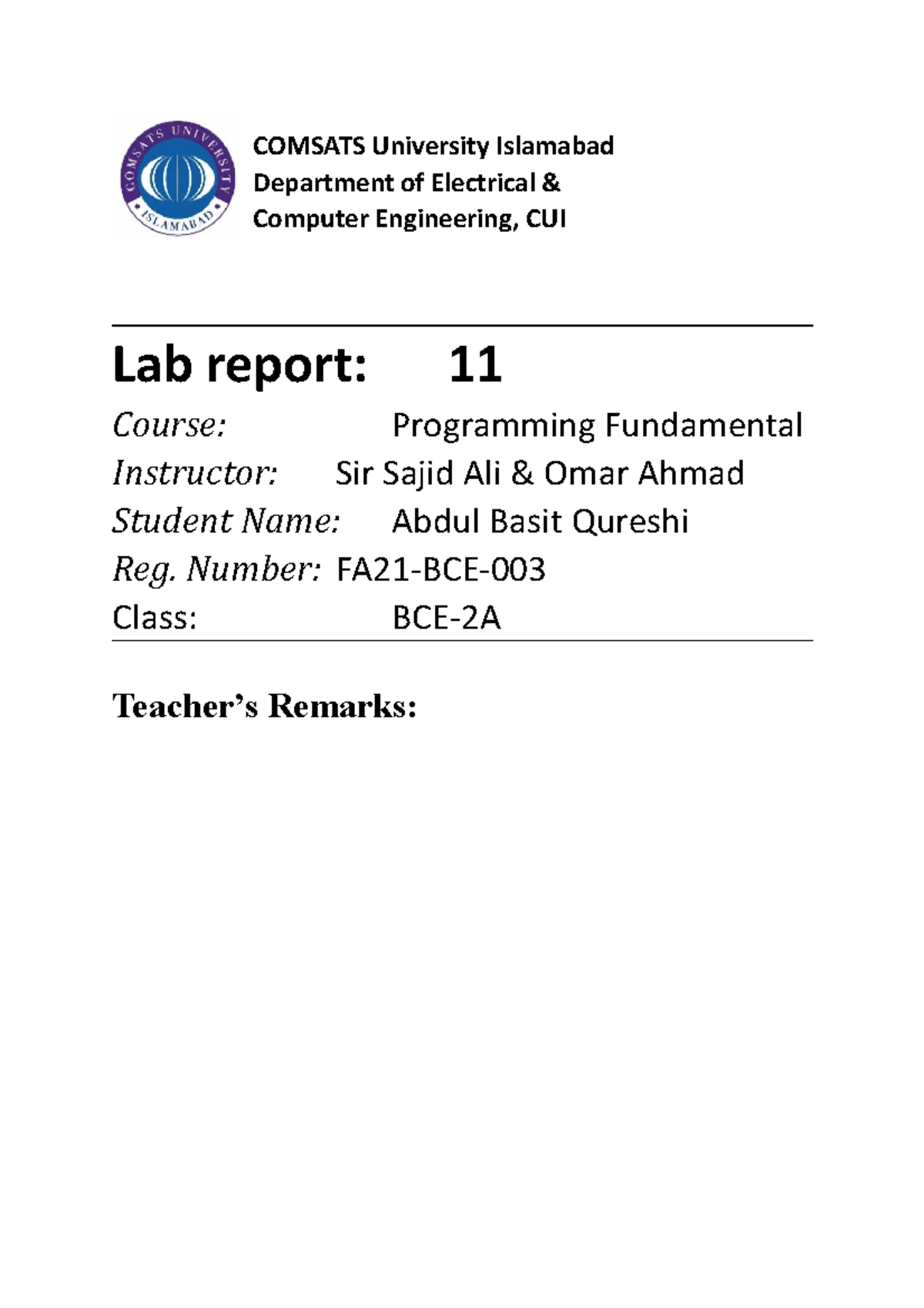 Lab report 11 - Lab report: 11 Course: Programming Fundamental ...