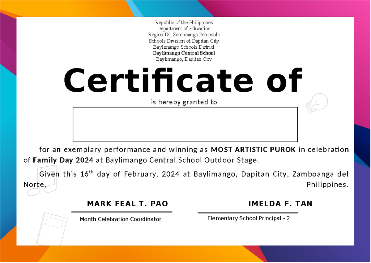 Cert-of- Recog Artistic - Certificate of Recognition Republic of the Philippines Department of ...