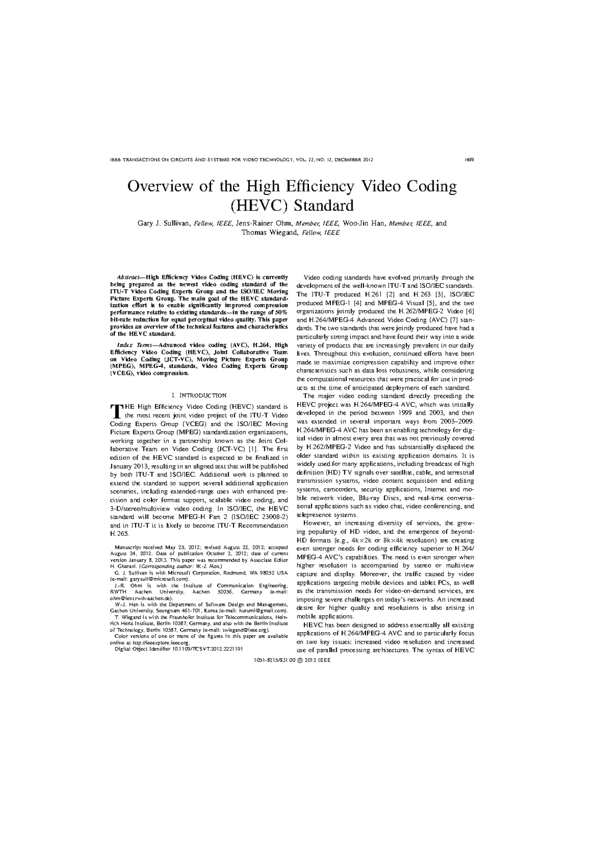 Overview Of The High Efficiency Video Coding Hevc Standard Ieee Transactions On Circuits And