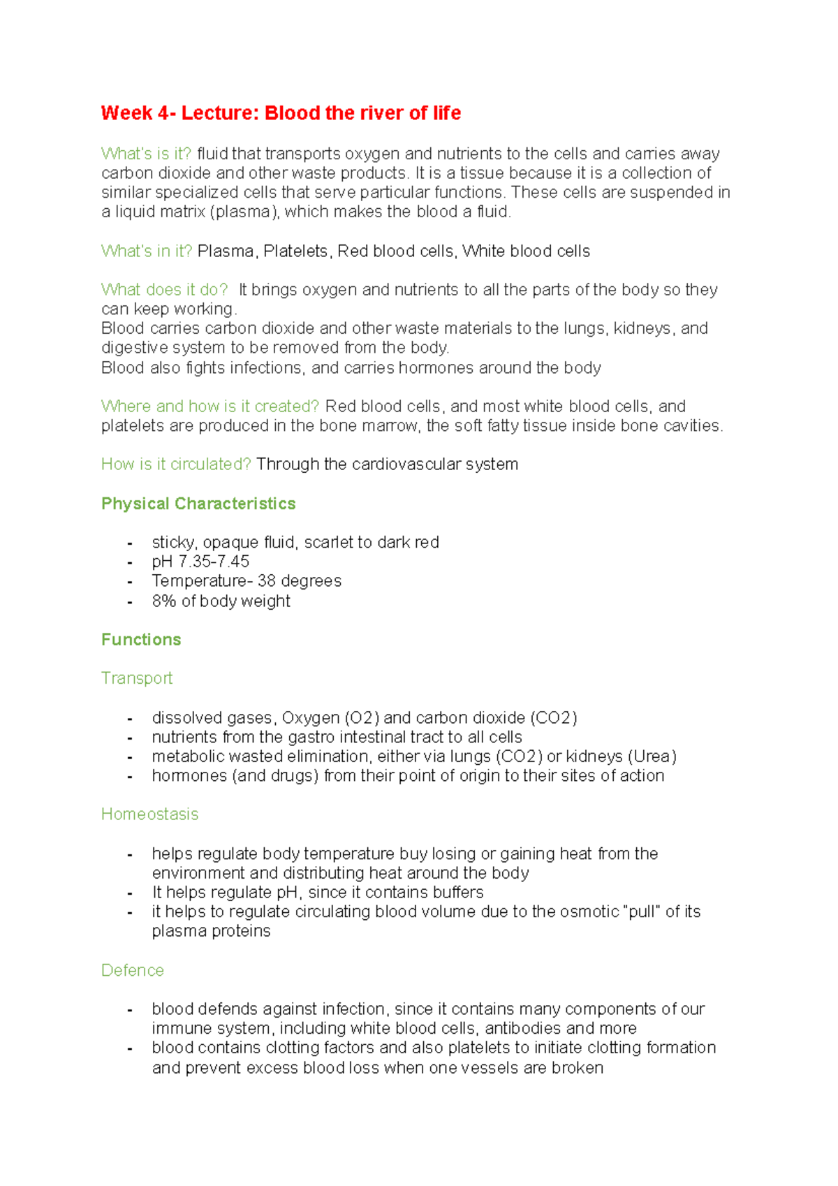 WK4- Lecture notes 1406 - Week 4- Lecture: Blood the river of life What ...