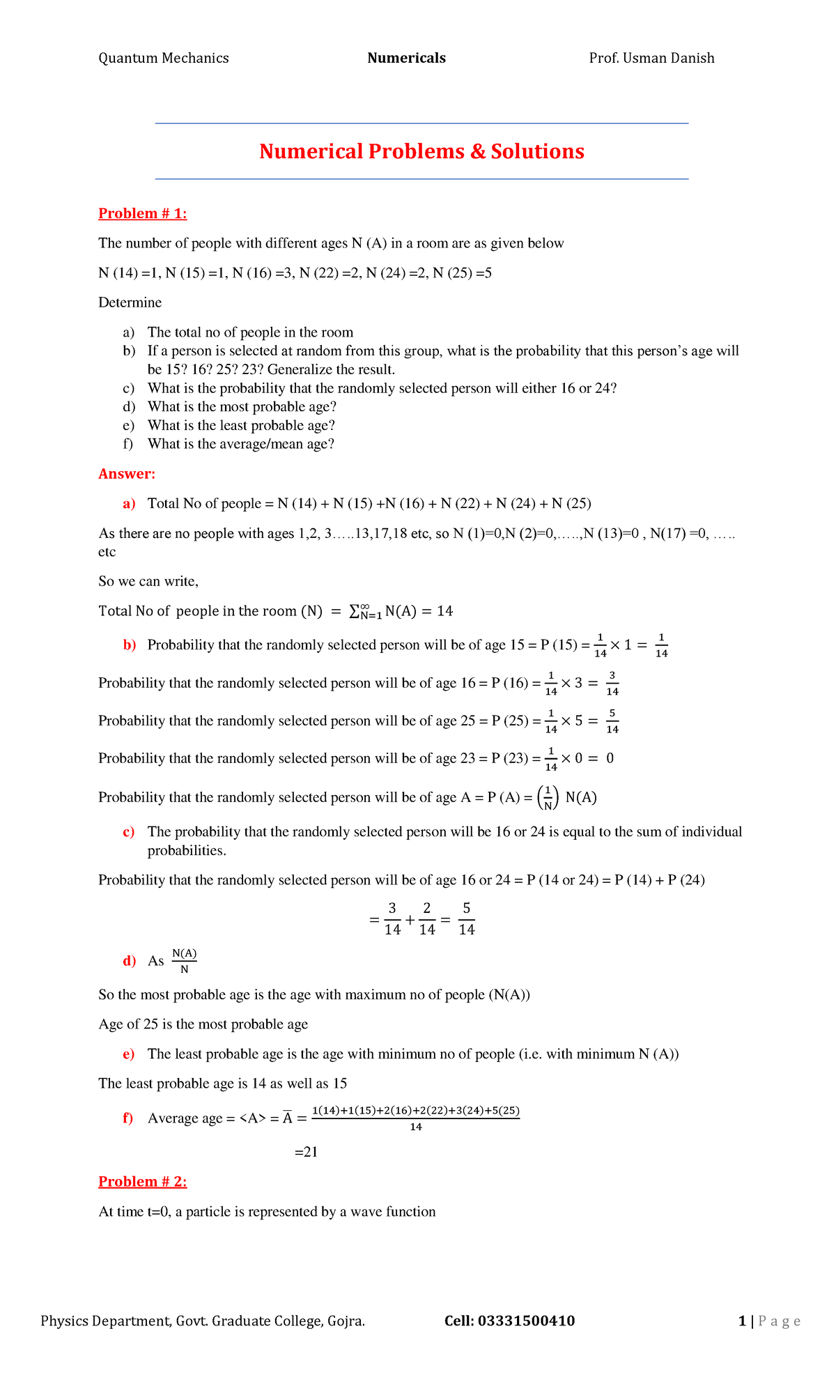 Numerical Problems & Solutions - Physics Department, Govt. Graduate ...
