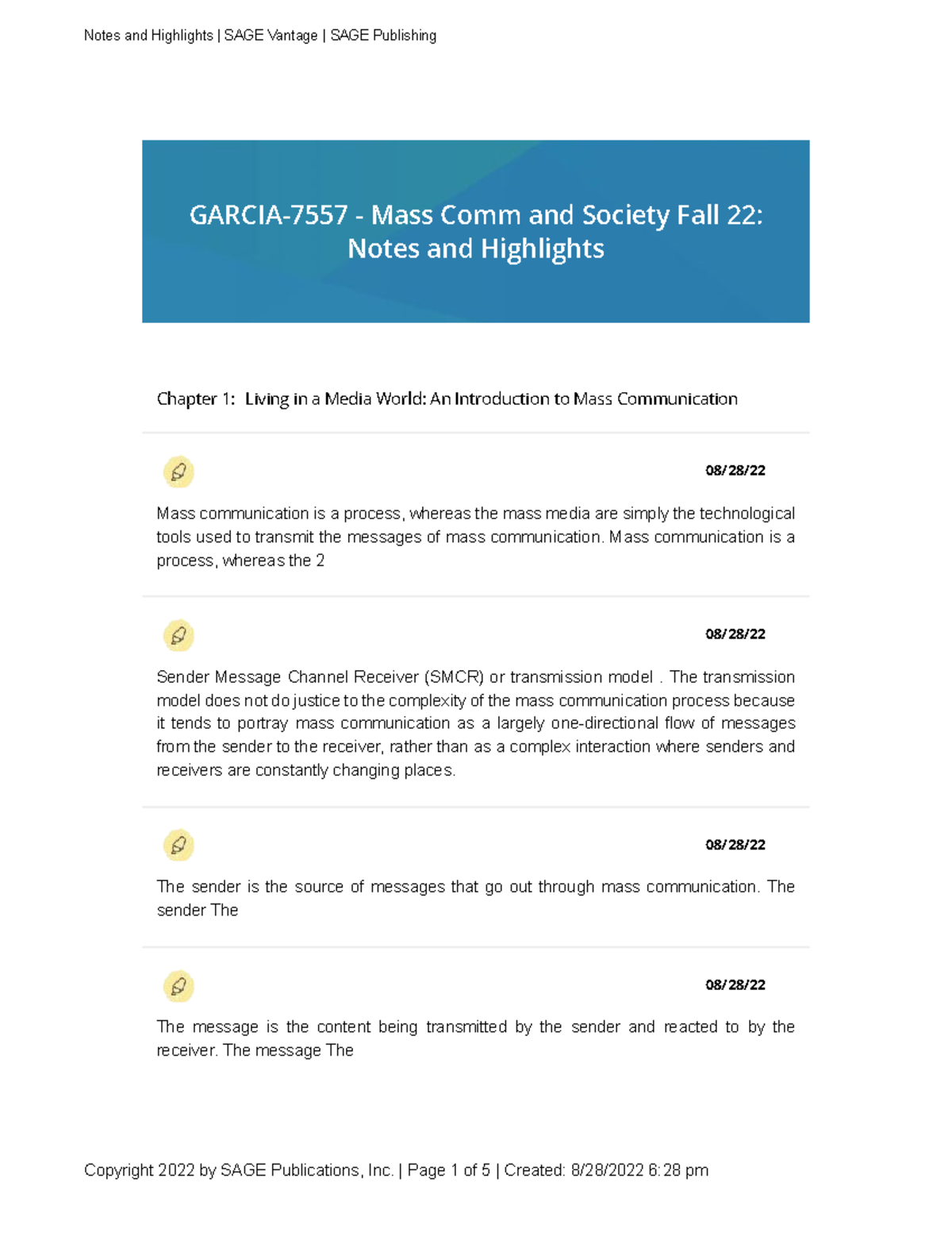 Chapter 1 Text Book Notes - GARCIA-7557 - Mass Comm and Society Fall 22 ...