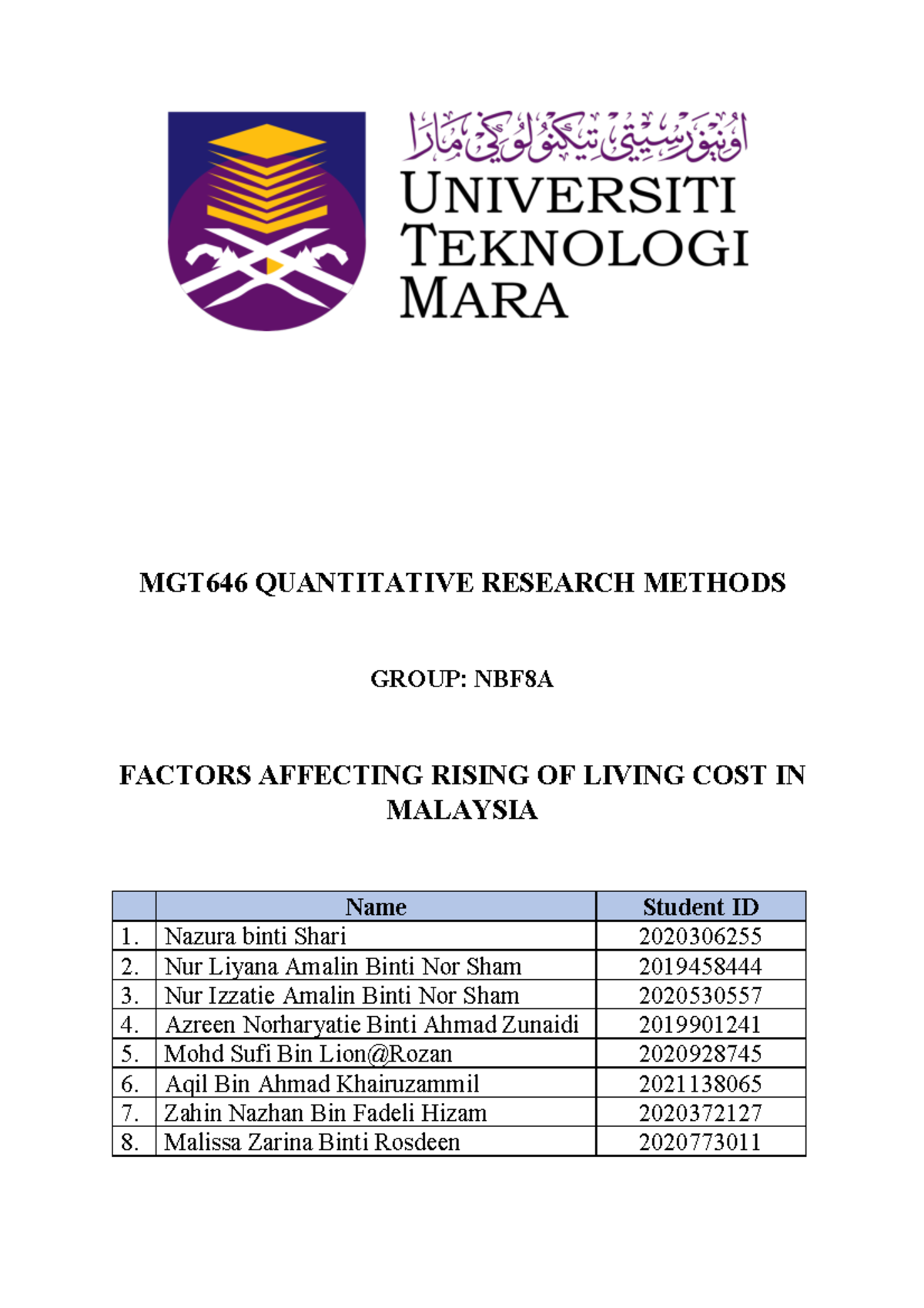 MT646 Group 3 (Assignment) - MGT646 QUANTITATIVE RESEARCH METHODS GROUP ...
