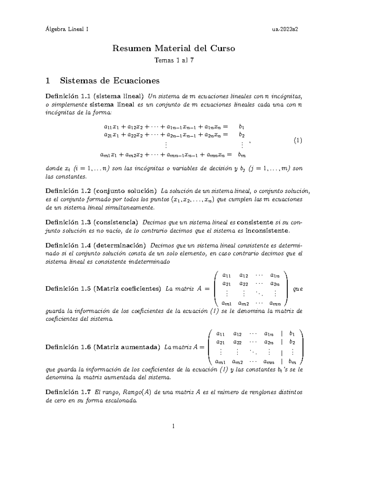 Resumen Temas ALI Tema1al7 2023s2 - Algebra Lineal I ́ ua-2023s Resumen ...