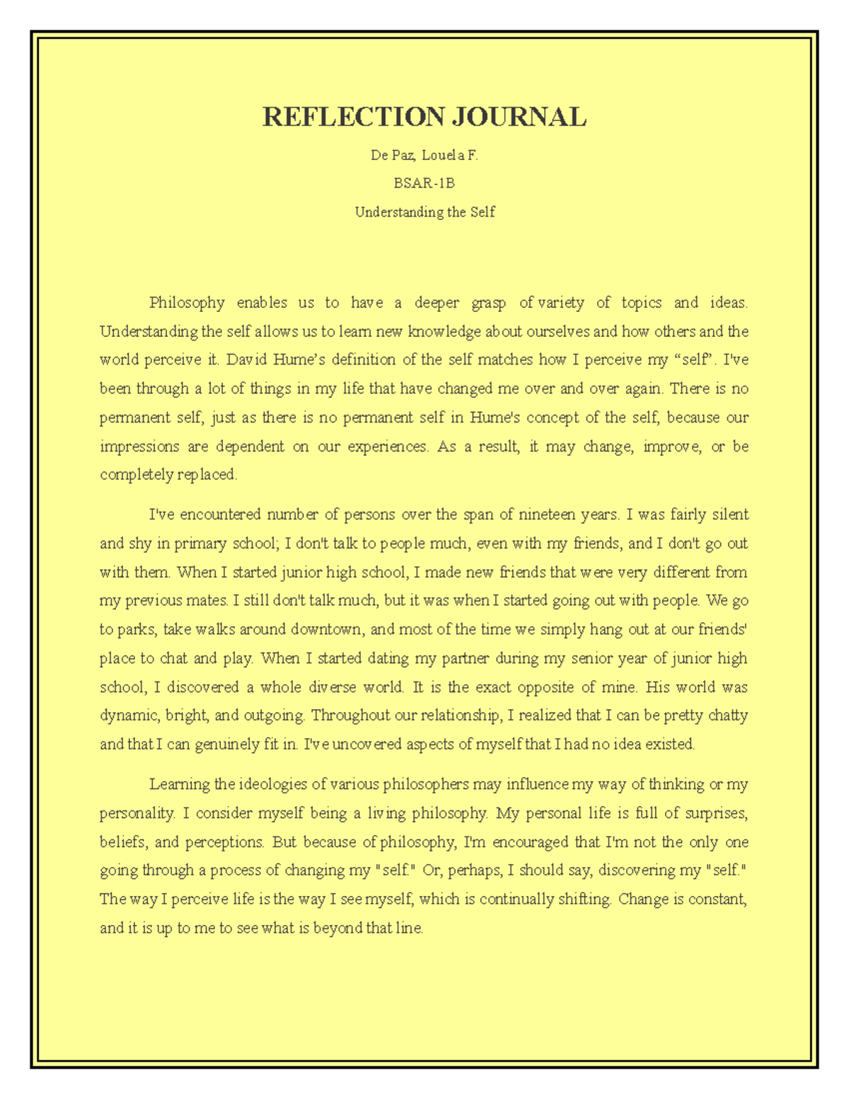 Reflection Journal 1 - REFLECTION JOURNAL De Paz, Louela F. BSAR-1B ...