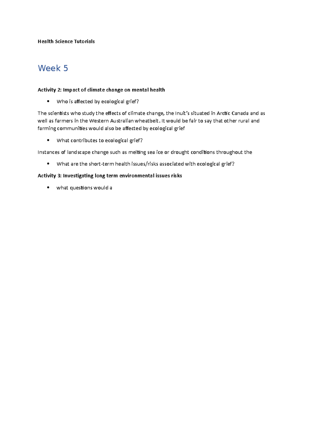 Health Sciences Tute - HEA10001 Tute Notes - Health Science Tutorials ...