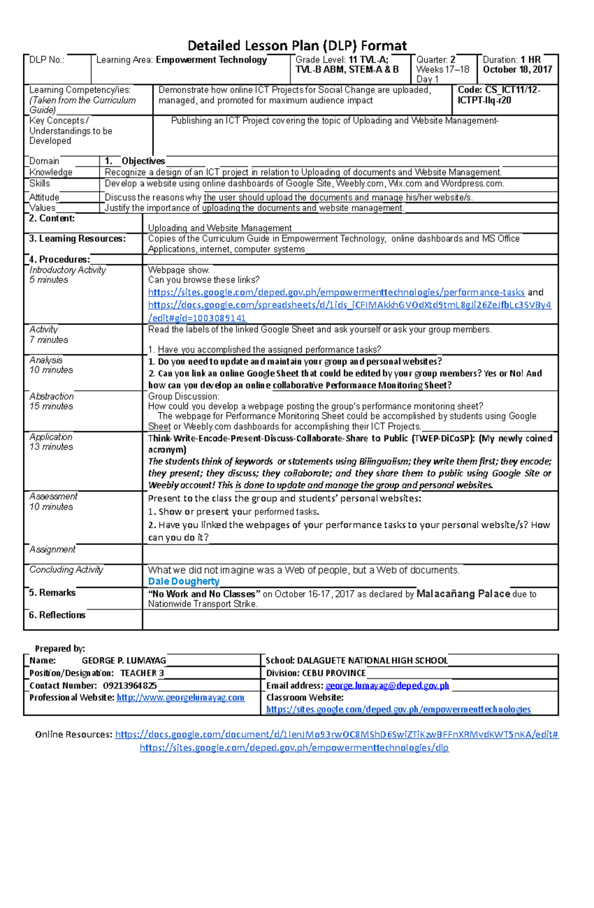 Weeks 17-18, Day 1 - assignment - Detailed Lesson Plan (DLP) Format DLP ...