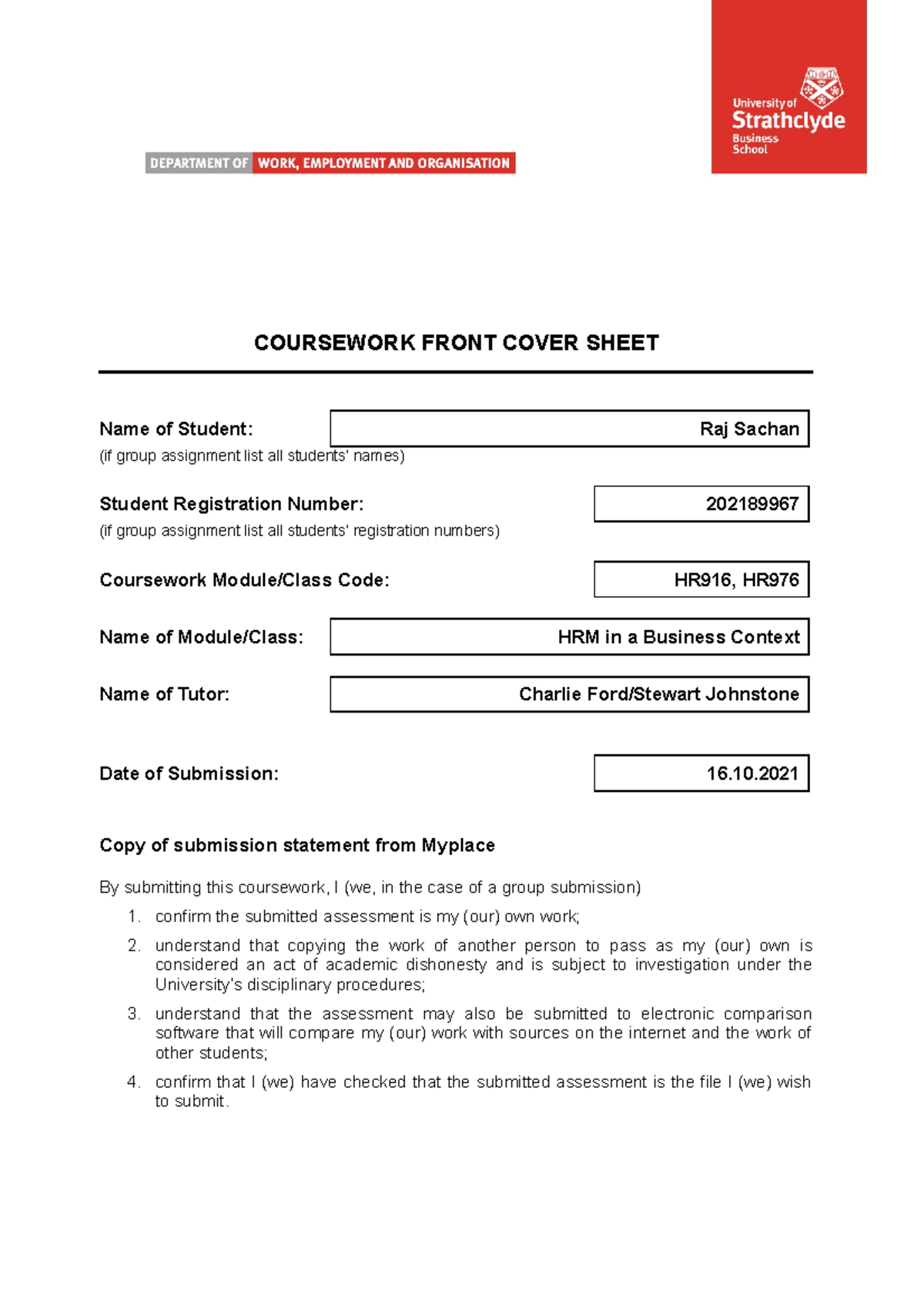 Student coursework front cover form (template) - MED5401 - Studocu