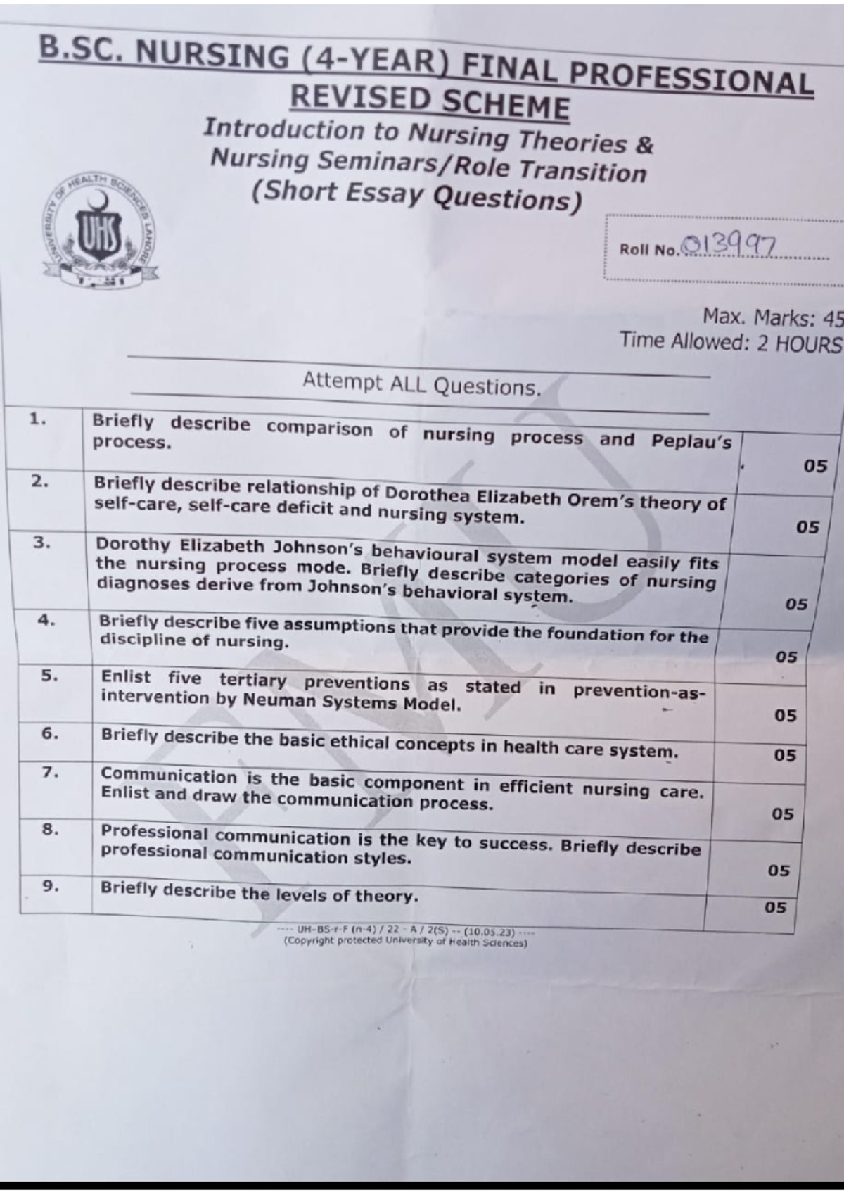 Uhs paper 2023 - Very informative - B. NURSING FINAL PROFESSIONAL ...