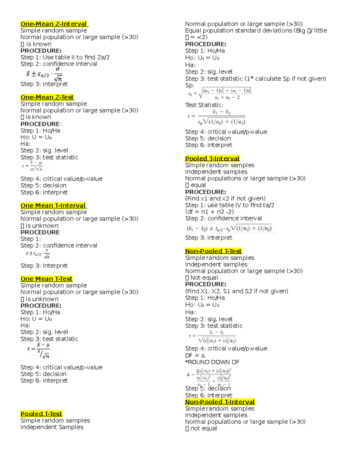 Stat sheet done - Simple random sample Normal population or large ...