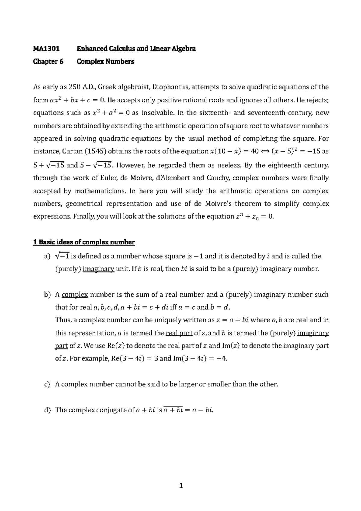 Ch6 Complex Number - MA1301 Enhanced Calculus and Linear Algebra ...