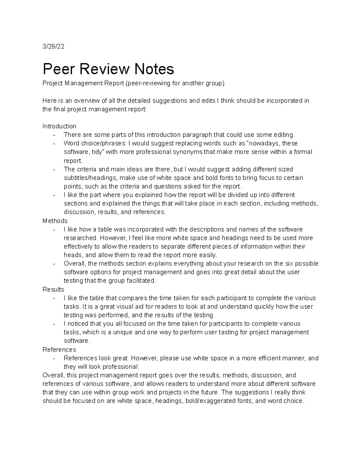 TECM Peer Review Notes - 3/28/ Peer Review Notes Project Management ...