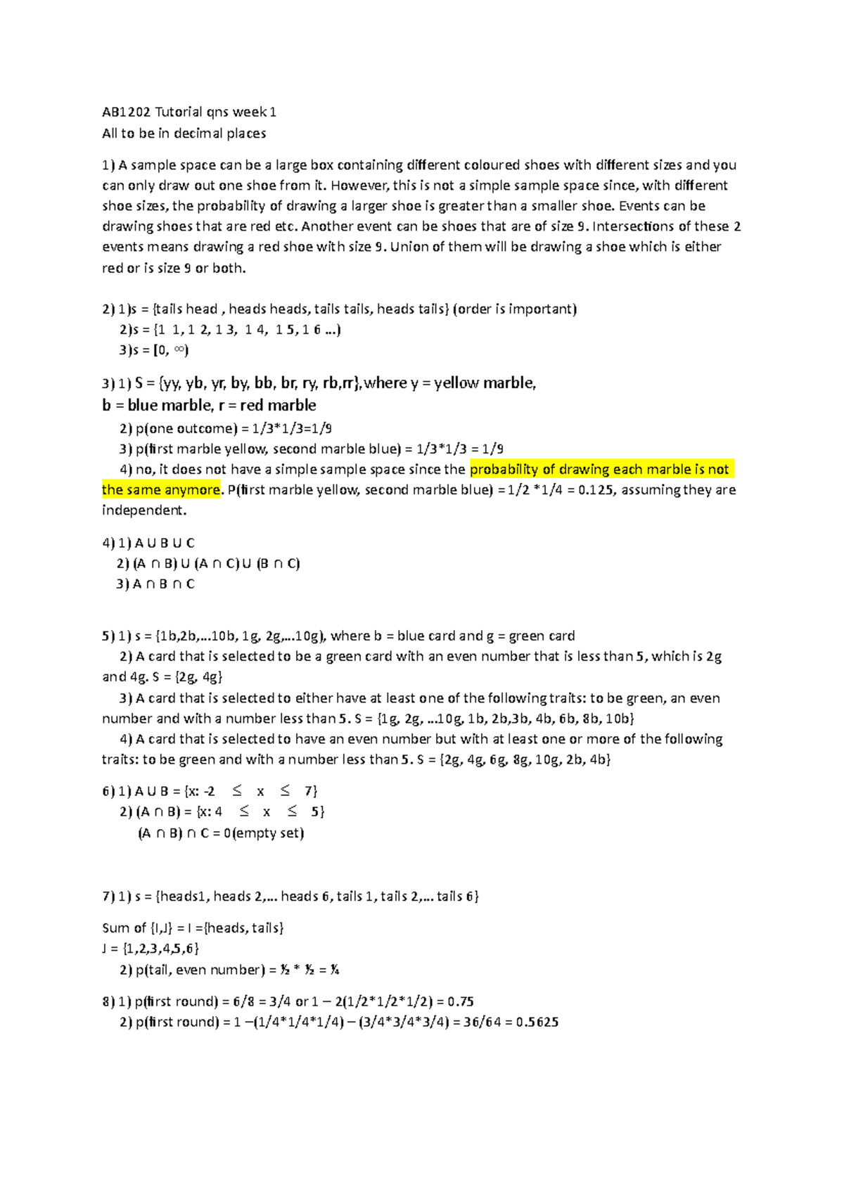 AB1202 Tutorial qns week 1 - However, this is not a simple sample space ...