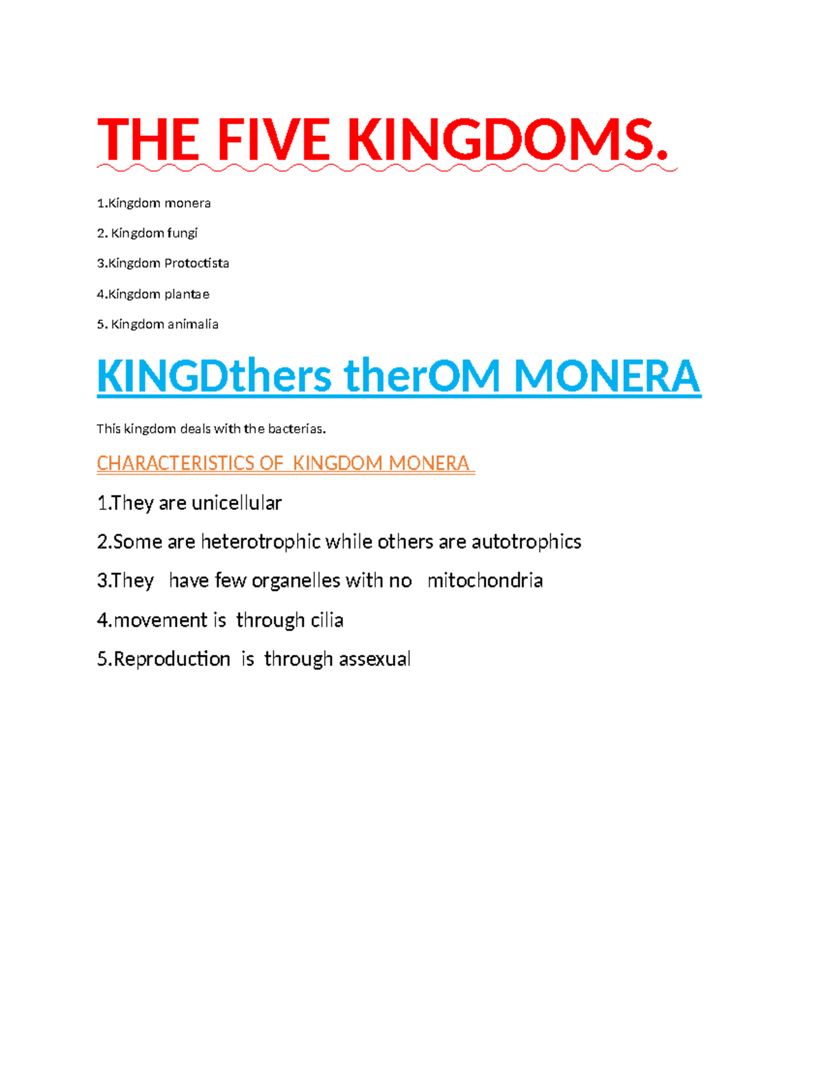 environmental literacy - Information communication Technology - THE FIVE KINGDOMS. 1 monera 2 ...