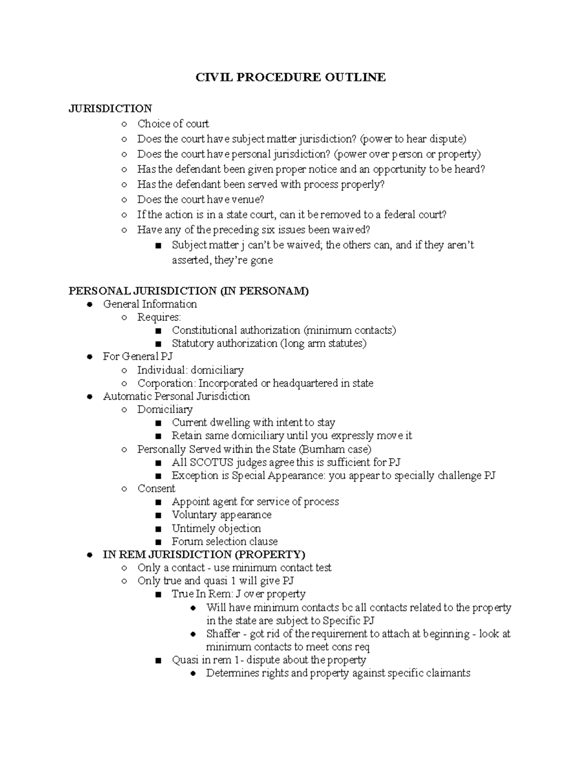 Civ Pro Outline - CIVIL PROCEDURE OUTLINE JURISDICTION Choice of court ...