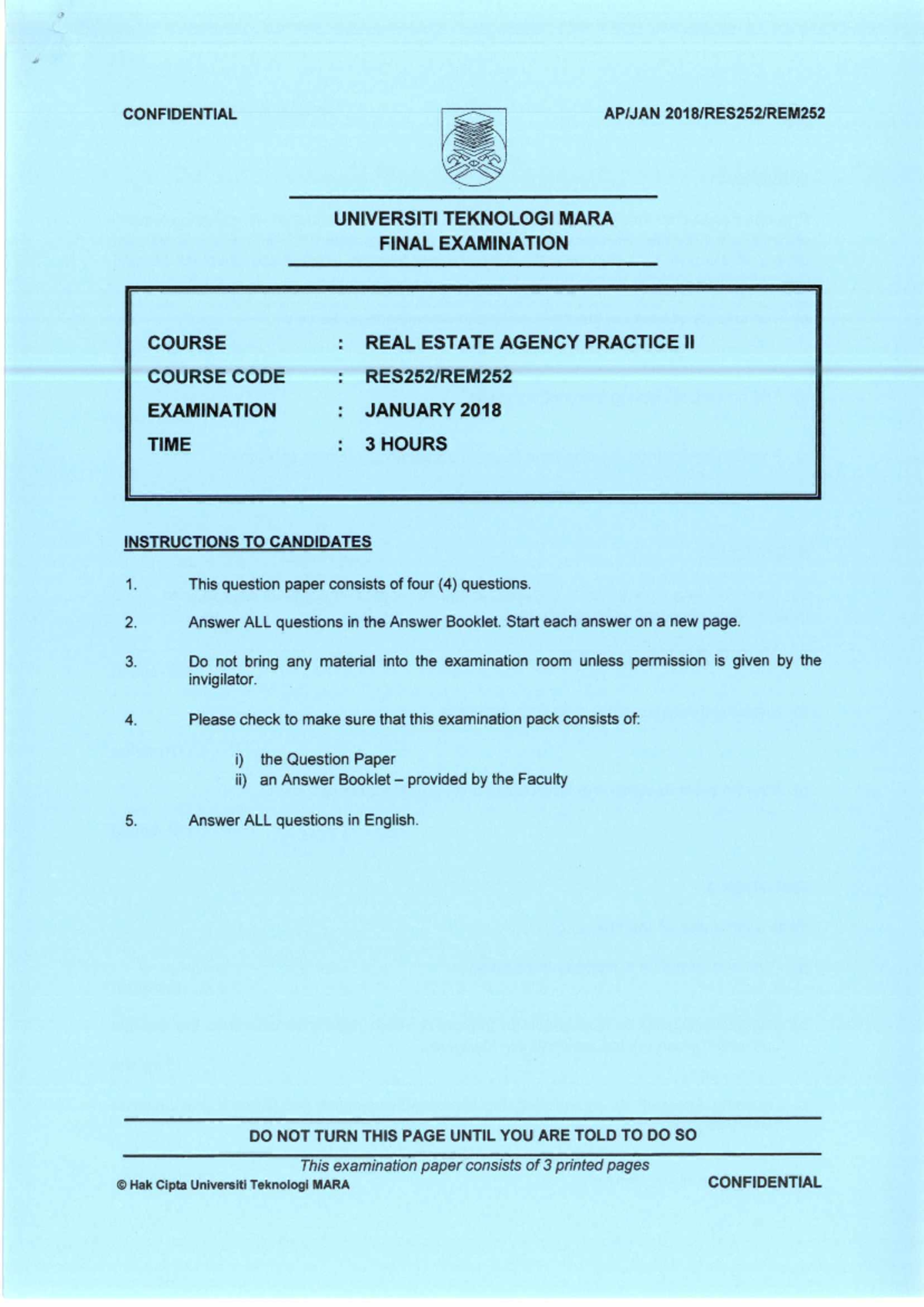 PAST YEAR Question REM252 - 6 - Real Estate Agent Practice - Studocu