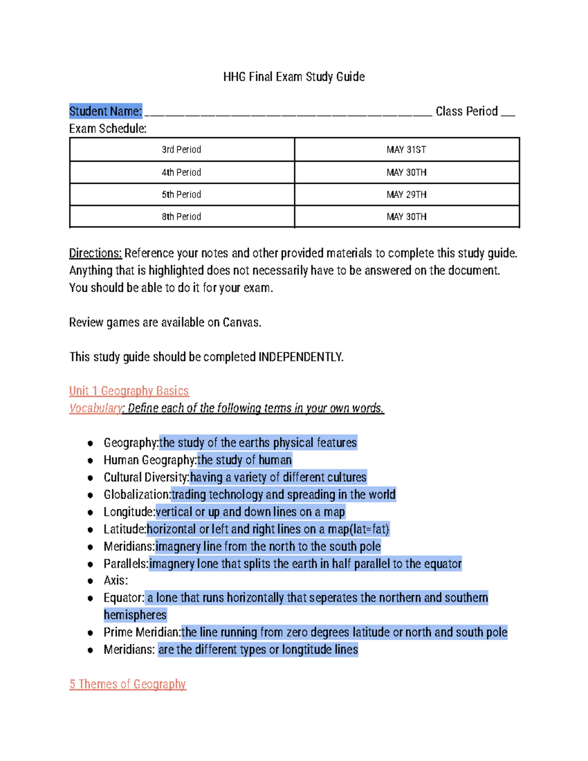 HHG Final Exam Study Guide 2024 - HHG Final Exam Study Guide Student ...