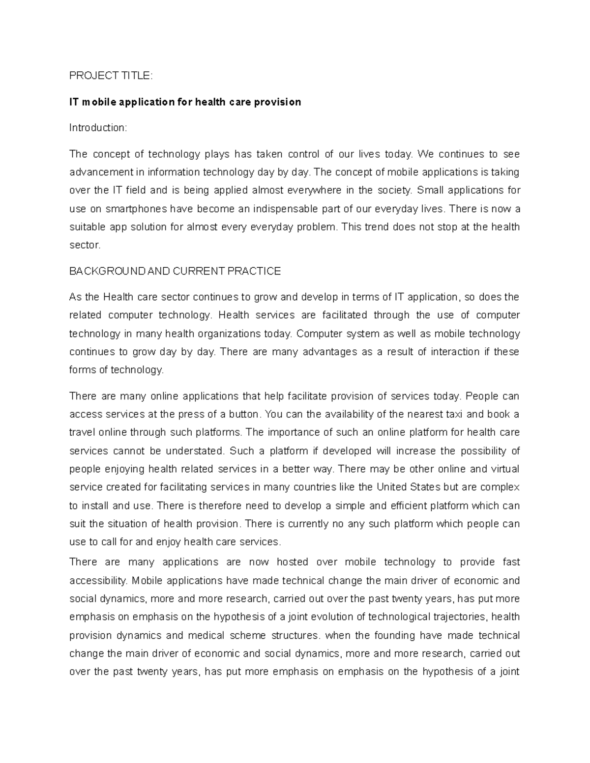 IT mobile application for health care provision - PROJECT TITLE: IT ...