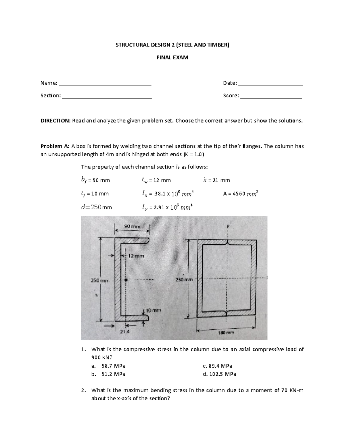 Toaz - Okkk - STRUCTURAL DESIGN 2 (STEEL AND TIMBER) FINAL EXAM Name