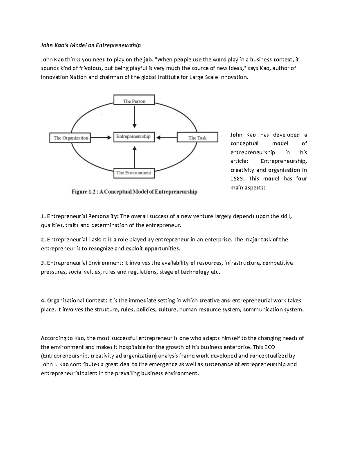 John Kao model - PME - John Kao’s Model on Entrepreneurship John Kao ...
