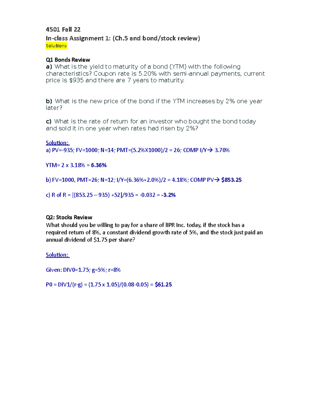 Ch.5 (F22) In -class assignment- Solutions - 4501 Fall 22 In-class Assignment 1: (Ch and bond ...