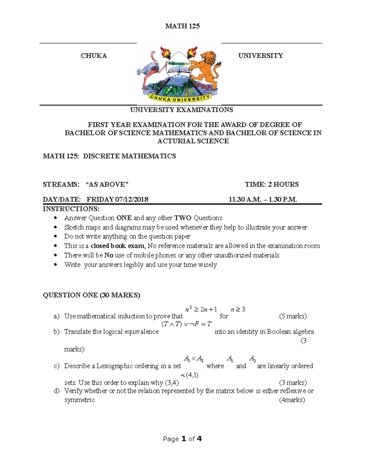 MATH 125 - MATH 125 EXAM - CHUKA UNIVERSITY UNIVERSITY EXAMINATIONS ...