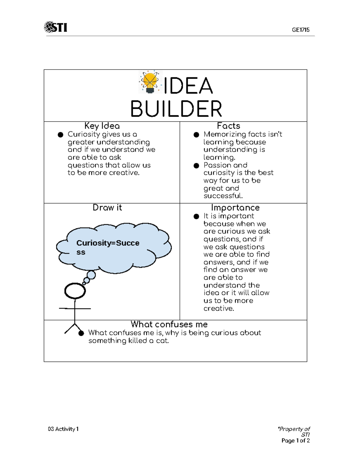 03 Activity 1 Entrepreneurial Mind - GE IDEA BUILDER Key Idea Curiosity ...
