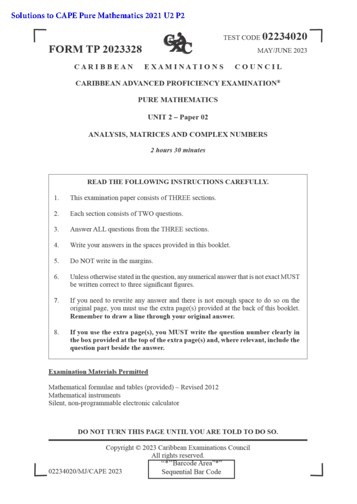 CAPE Pure Mathematics 2023 U2 P2 Solutions - Solutions to CAPE Pure ...