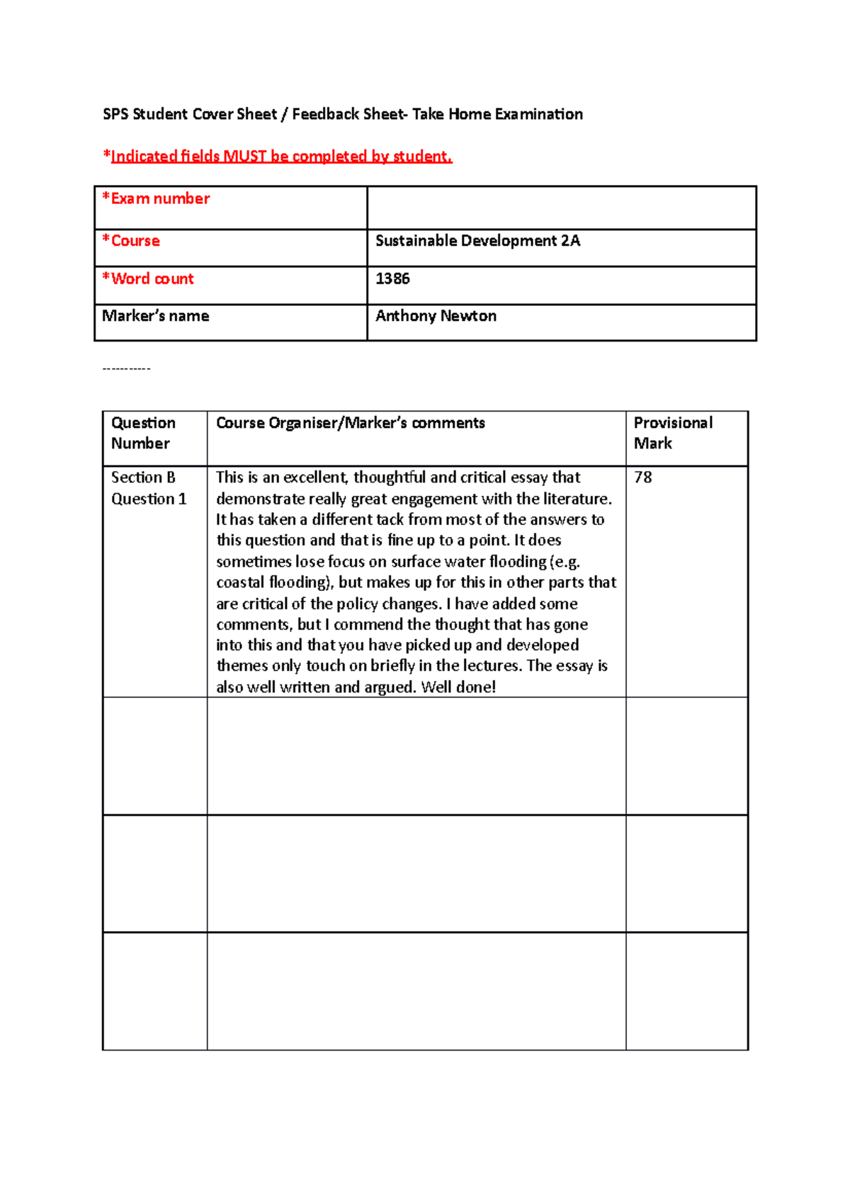Example 6 - exam essay question - SPS Student Cover Sheet / Feedback ...