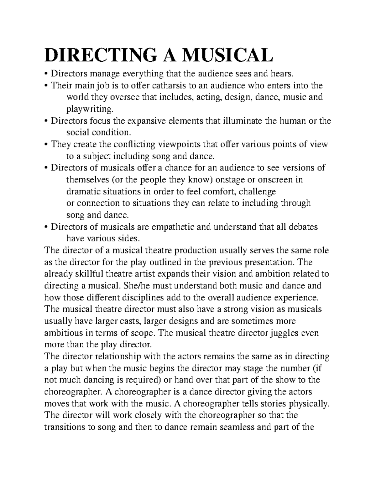 Directing A Musical Notes - DIRECTING A MUSICAL Directors manage ...