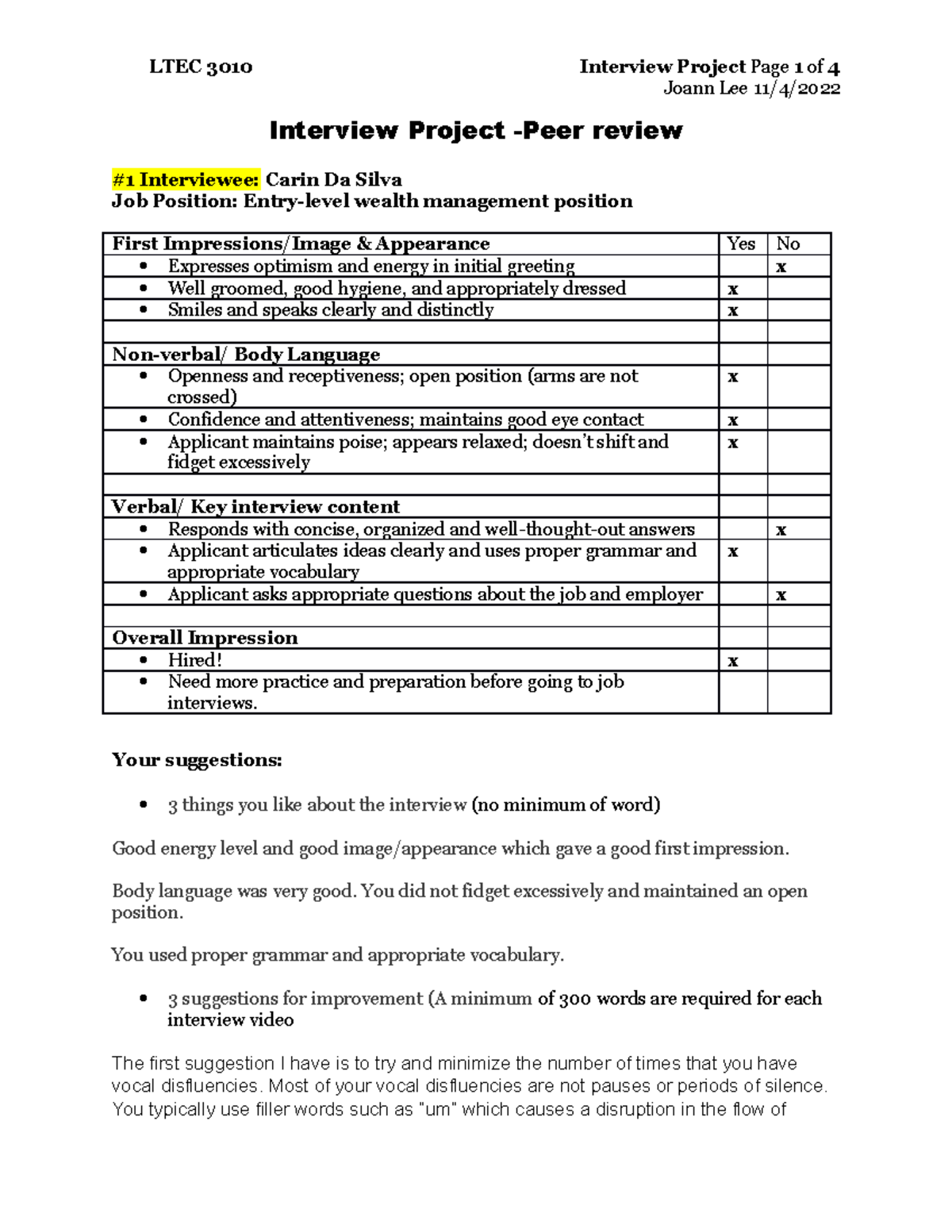 Assignment 10: Peer Reviews - Joann Lee 11/4/ Interview Project -Peer ...