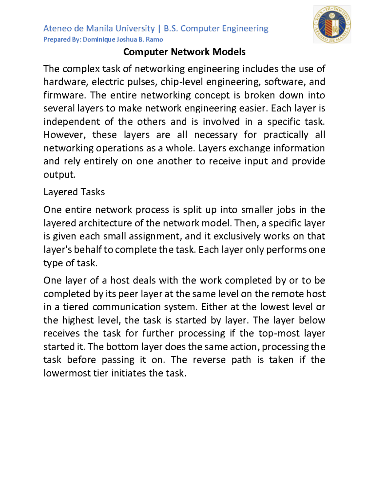 Study Guide - Computer Network Models - Prepared By: Dominique Joshua B ...