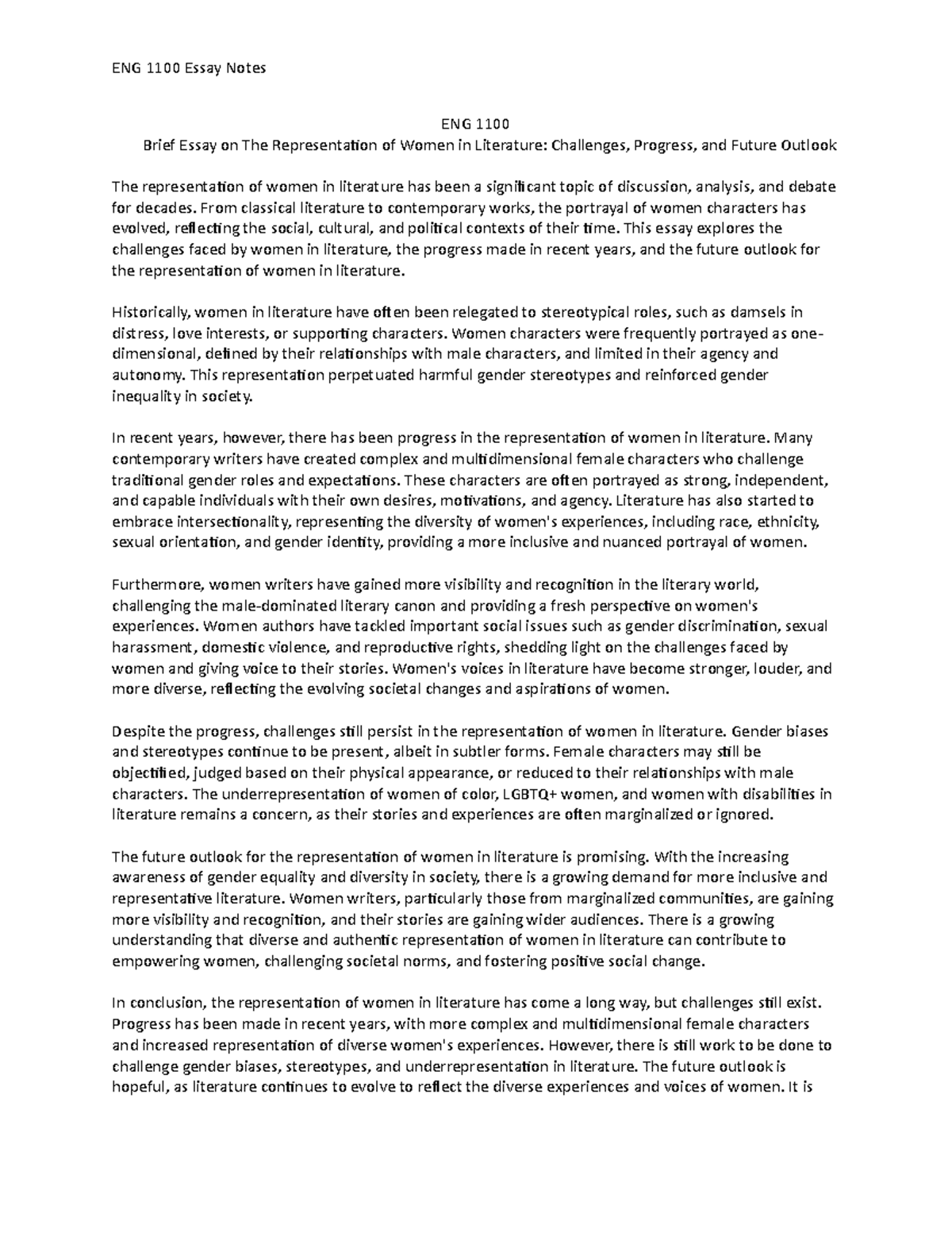 Brief Essay on The Representation of Women in Literature, Challenges ...