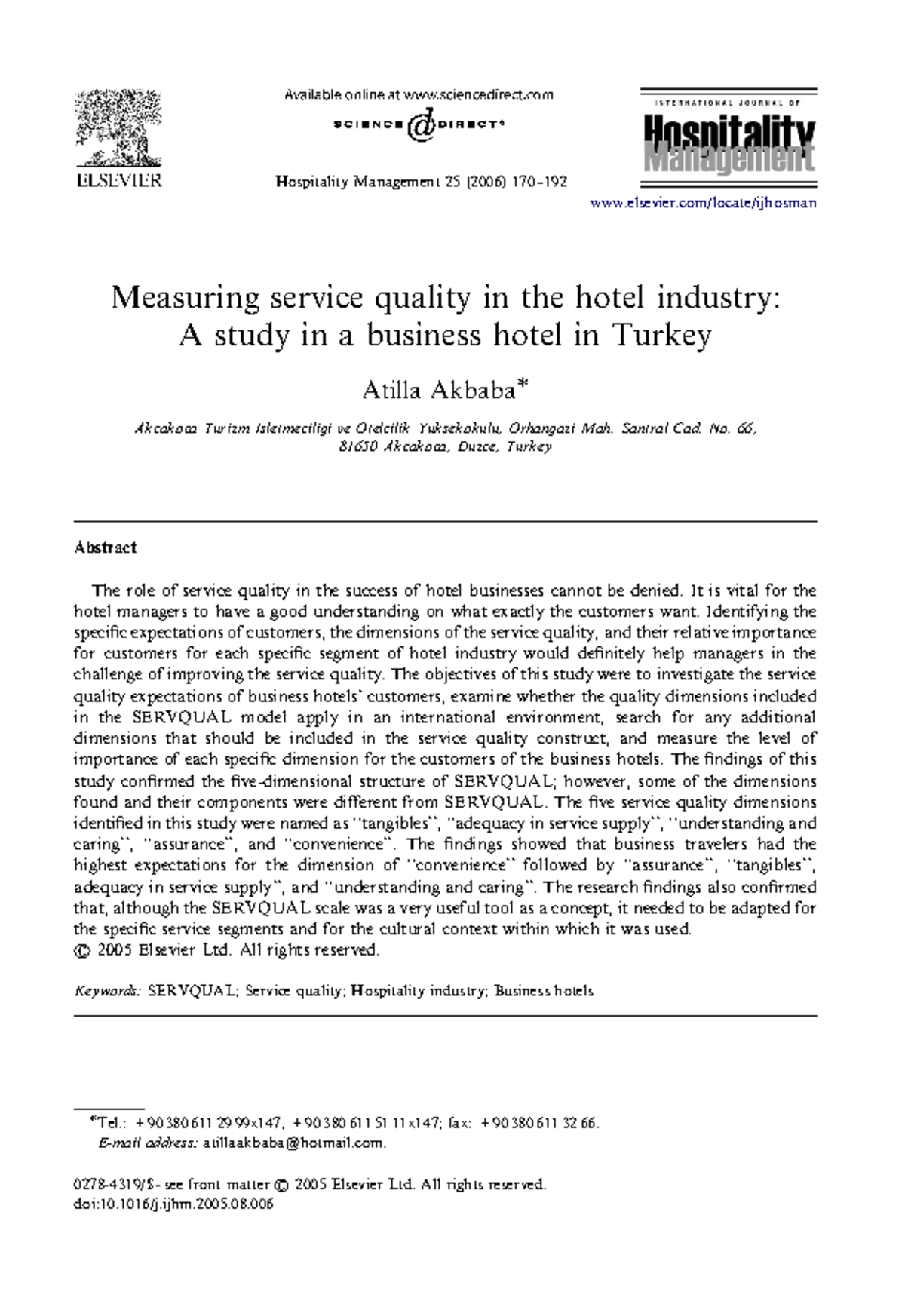 Measuring service quality in the hotel industry A study in a business ...