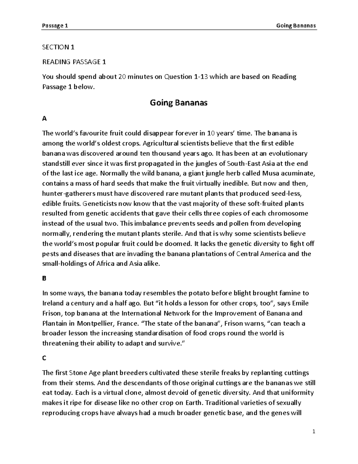 26 Passage 1 - Going Bananas Q1-13 - SECTION 1 READING PASSAGE 1 You ...