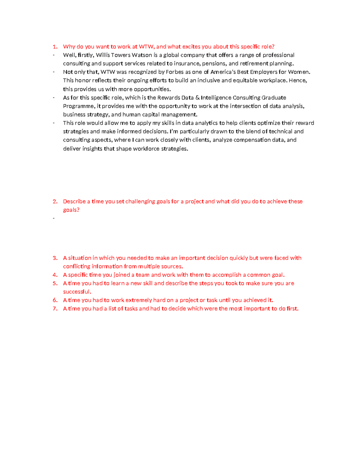 WTW an insight to it - Why do you want to work at WTW, and what excites ...