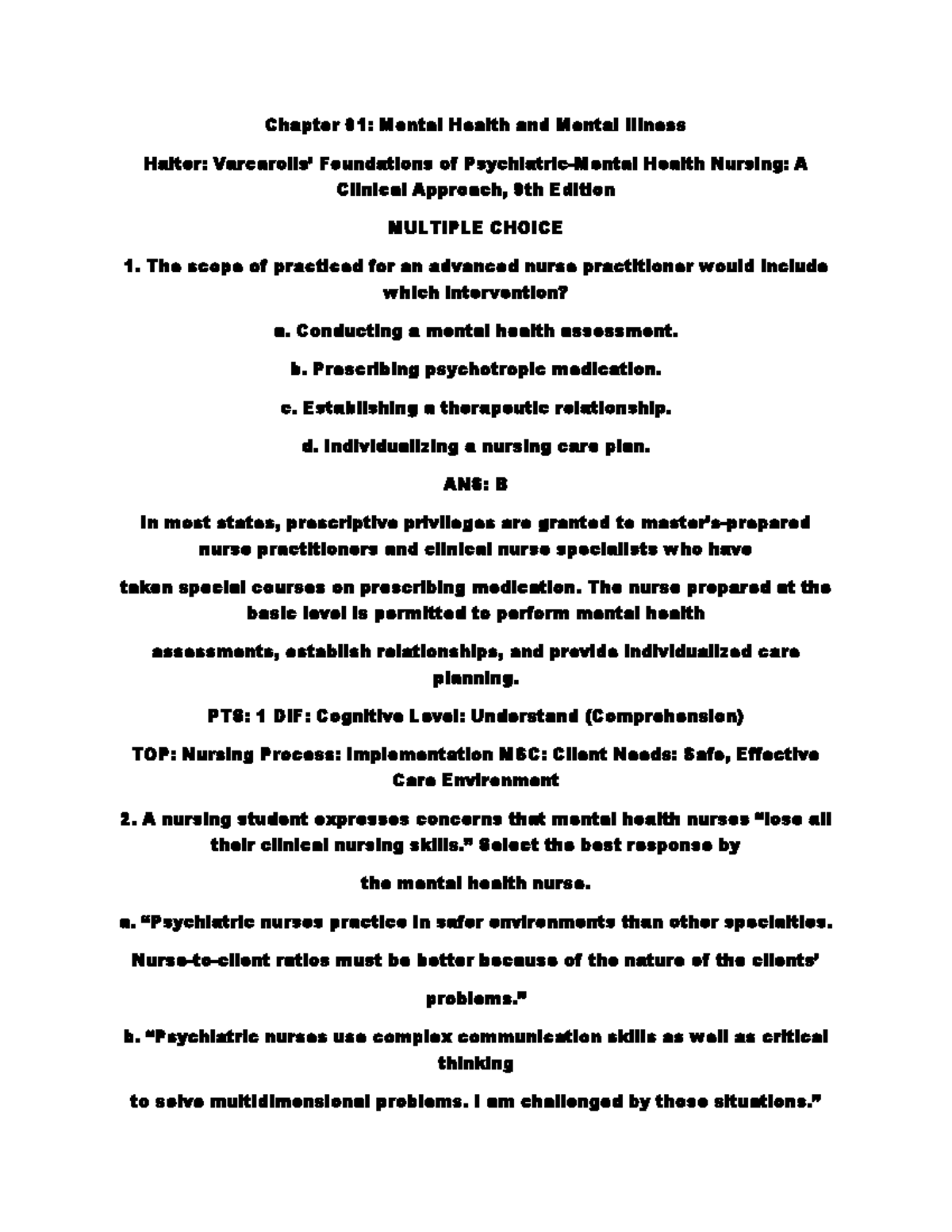 Psych test bank Ch 1-8 - Mental Illness Chapters 1-8 - Chapter 01 ...