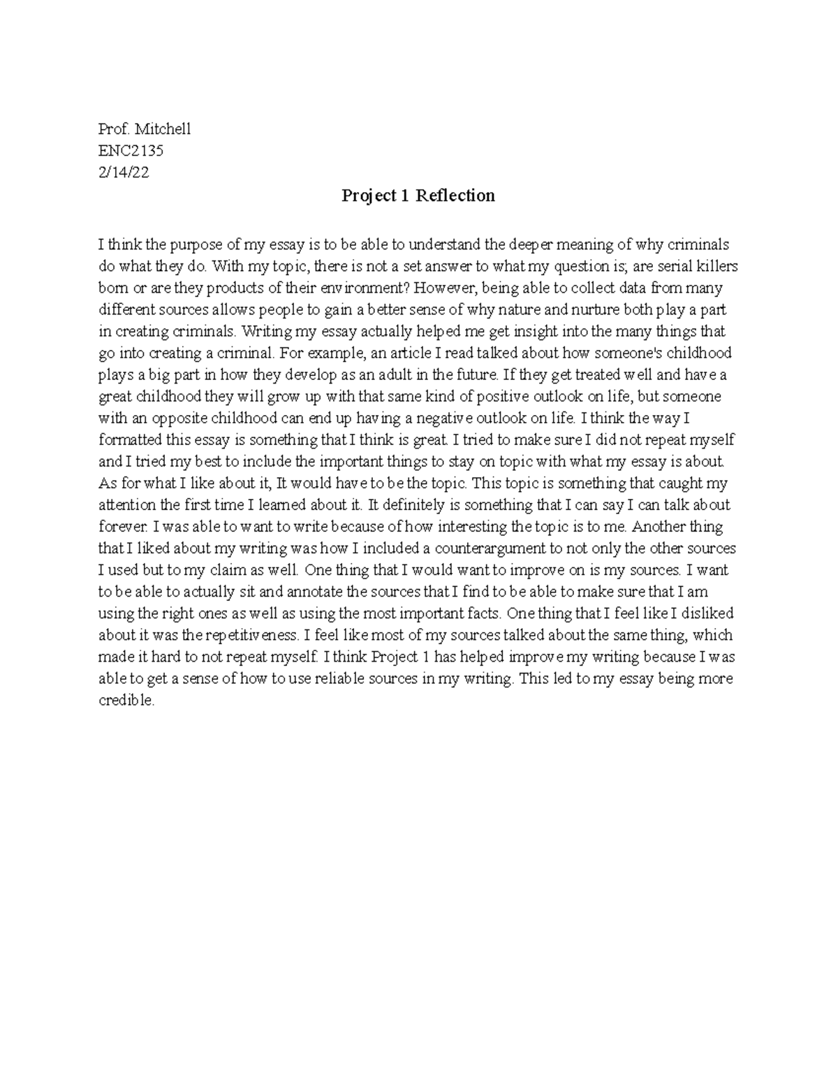 Project 1 Reflection - Jannah Mitchell - Prof. Mitchell ENC 2/14 ...