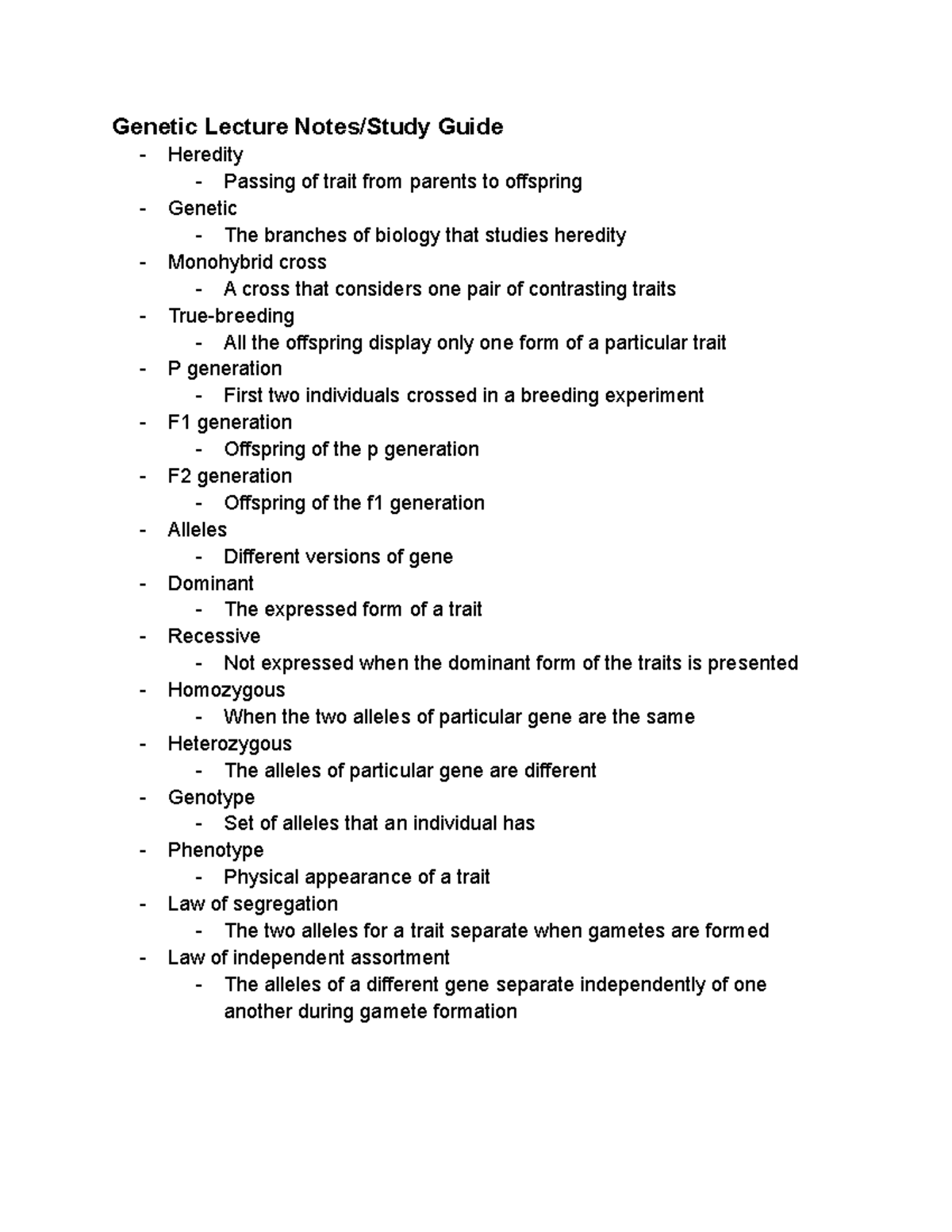 Genetic Lecture Notes Study Guide - Genetic Lecture Notes/Study Guide ...