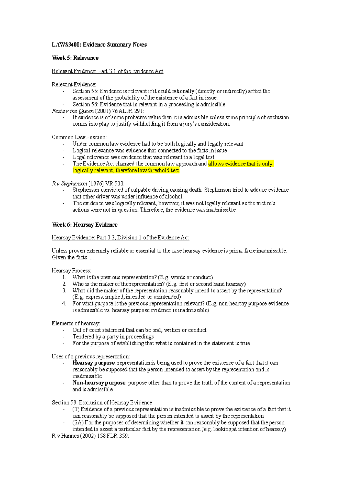 Cheat-Sheet Evidence EXAM - LAWS3400: Evidence Summary Notes Week 5 ...