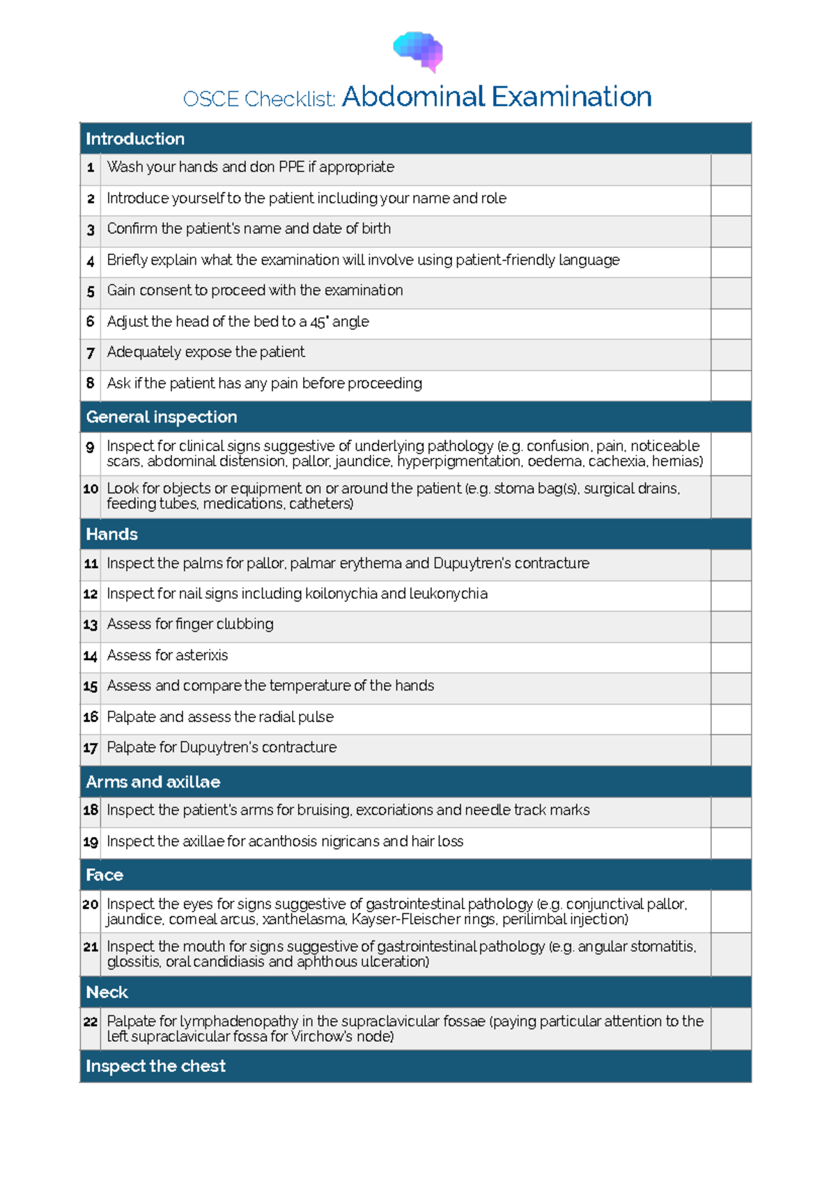 OSCE Checklist Abdominal Examination - OSCE Checklist: Abdominal ...