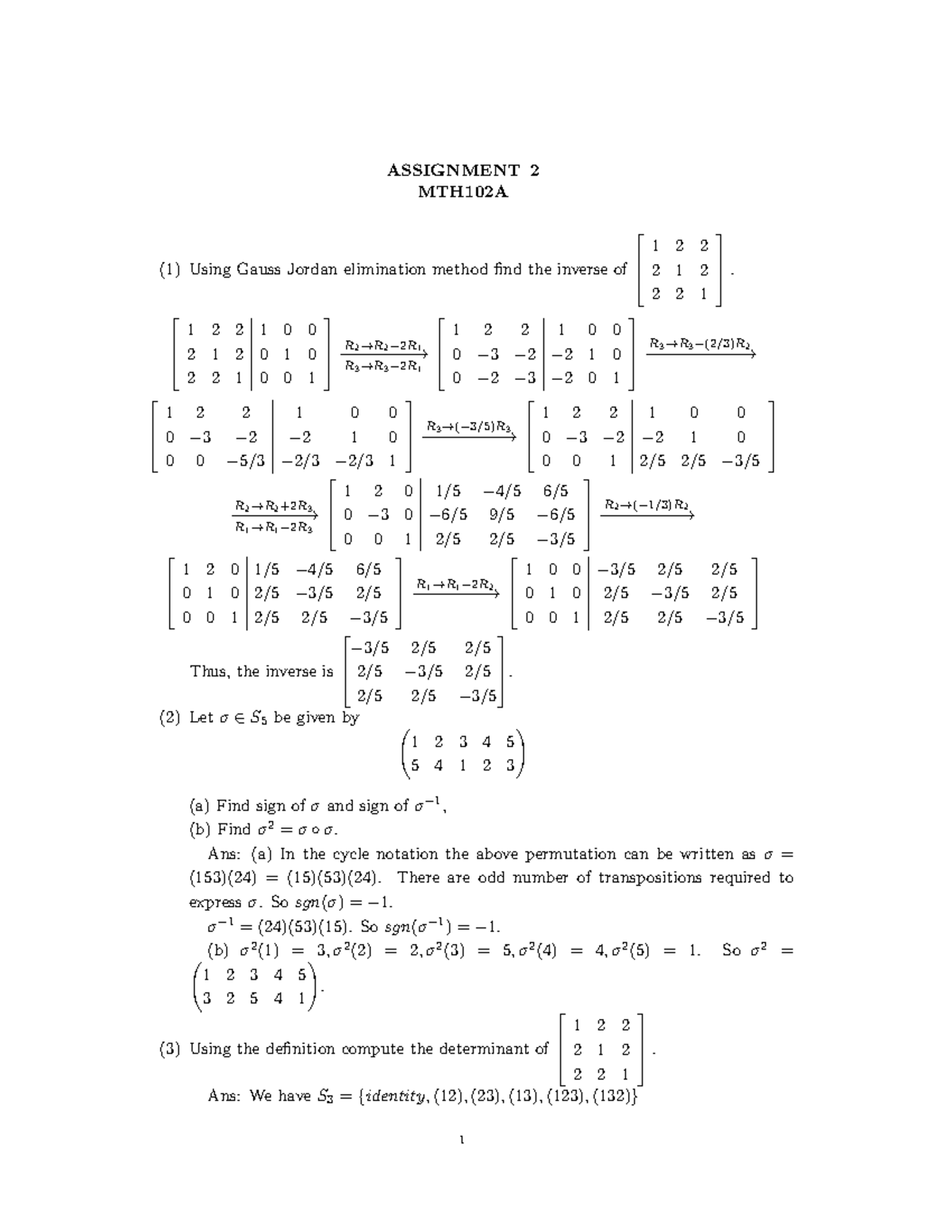 Assgnment 2-solution linear algebra - ASSIGNMENT 2 MTH102A (1) Using ...