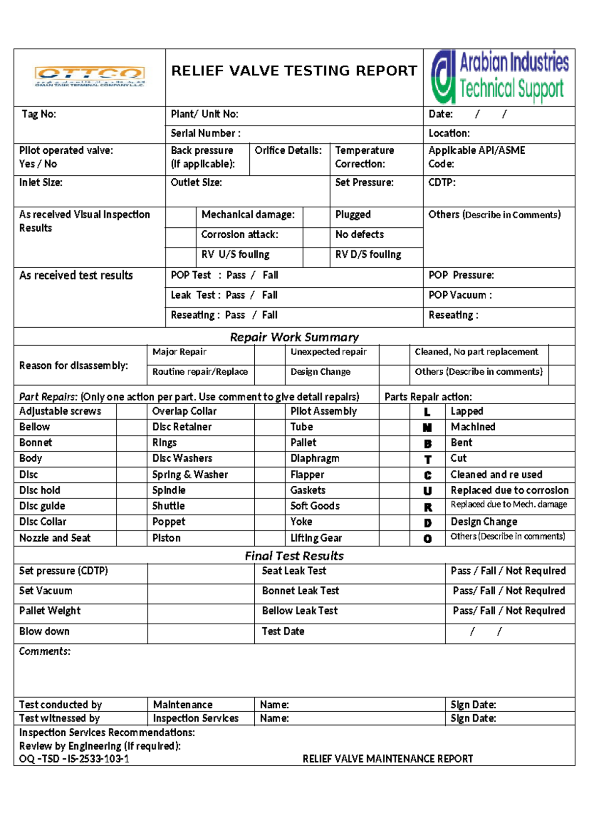 RV-PSV test report - I am engineer - RELIEF VALVE TESTING REPORT Tag No ...