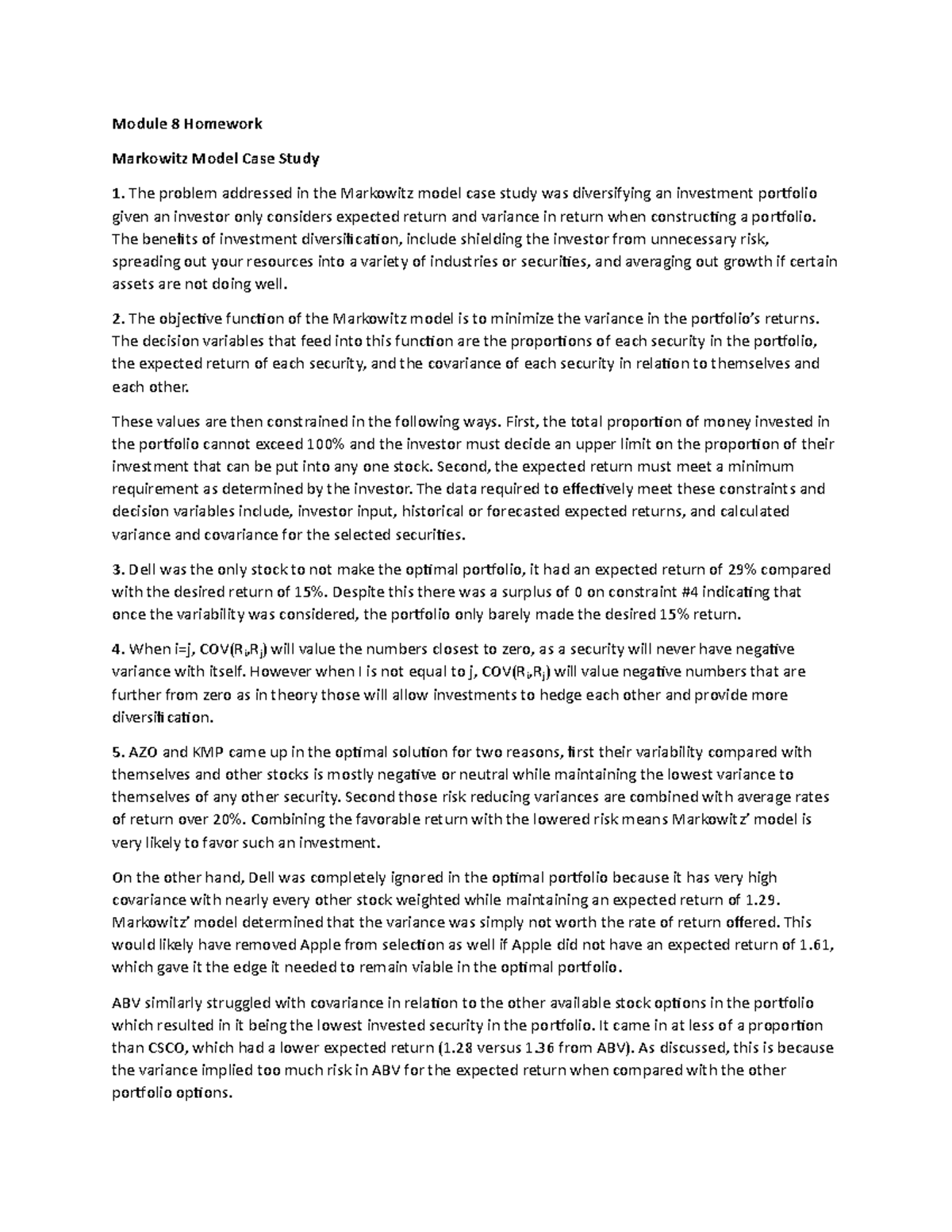 Module 8 Homework Case Study Answers - Module 8 Homework Markowitz ...
