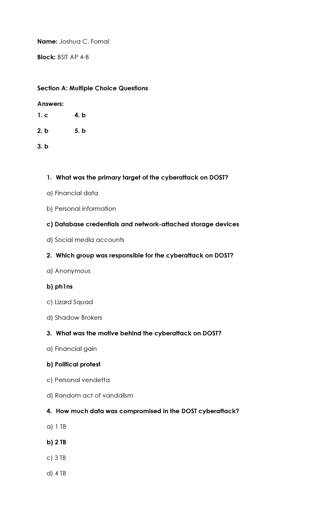 CASE Study Fornal - Name: Joshua C. Fornal Block: BSIT AP 4-B Section A ...