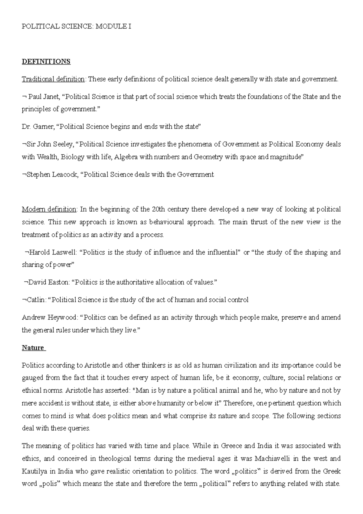 Political Science Module 1-1 - POLITICAL SCIENCE: MODULE I DEFINITIONS ...